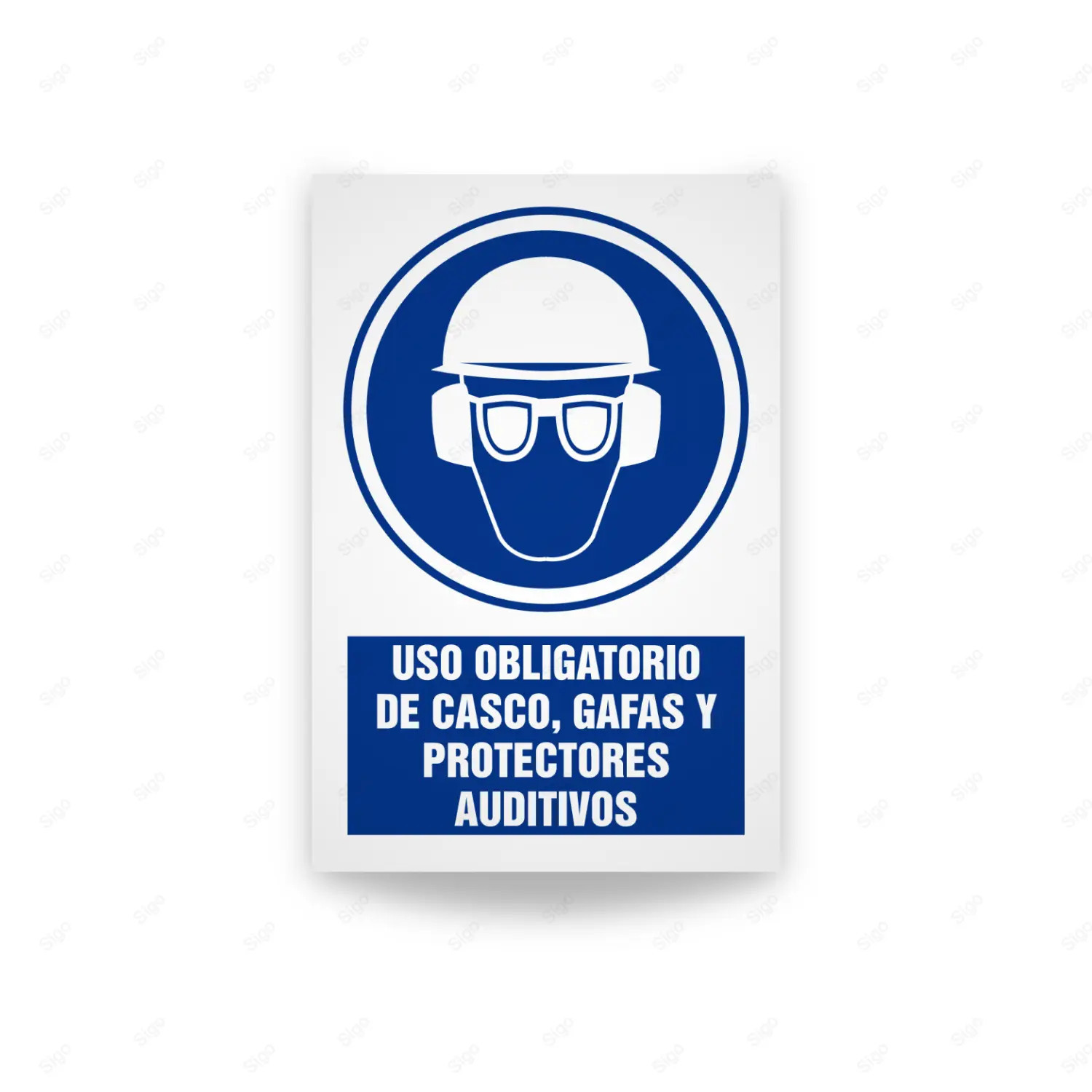 Rótulo de Obligación - Uso oblligatorio de casco, gafas y protectores auditivos| Cod. OB-433