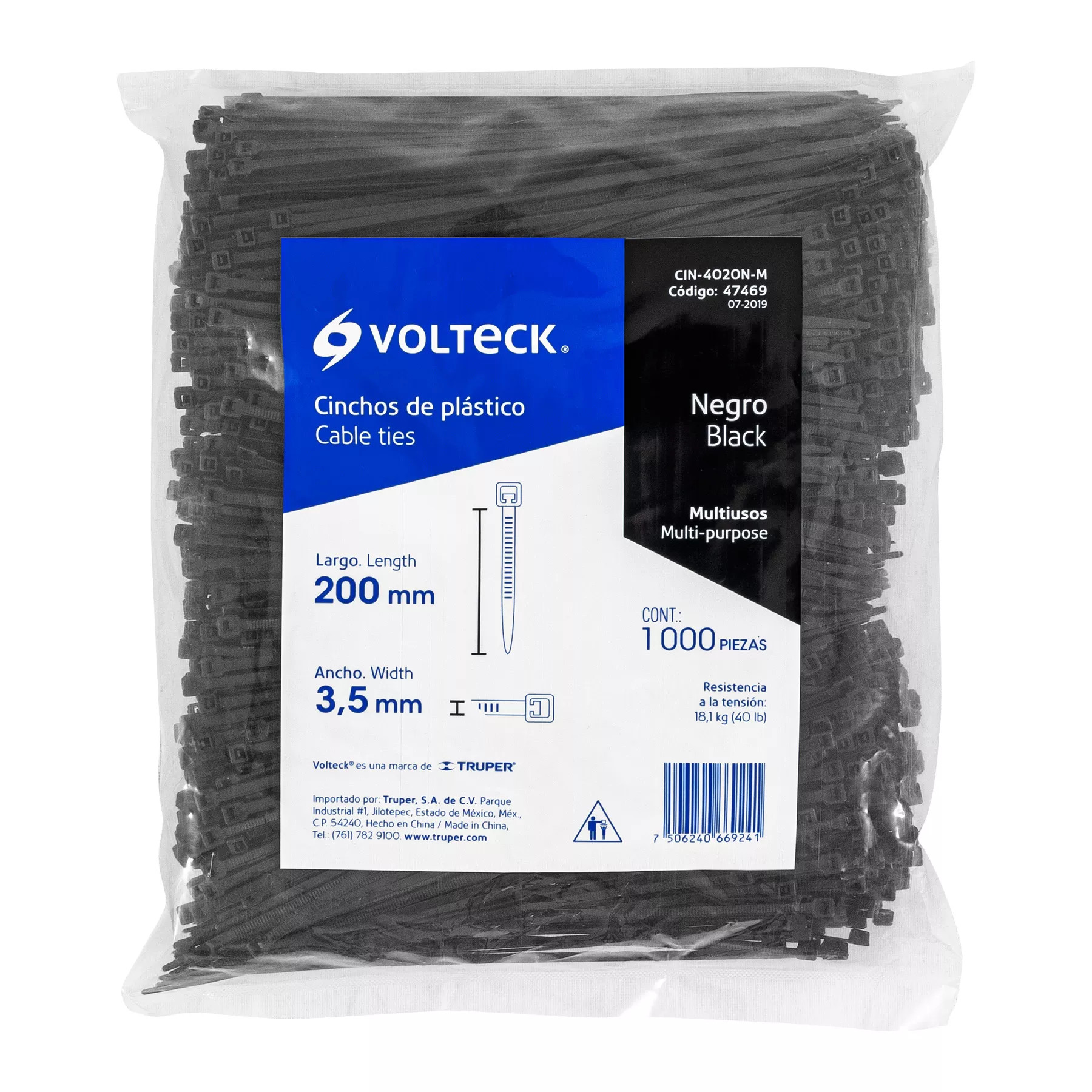 Bolsa 1000 Cinchos Plásticos 40 Lb, 200X3.5 Mm | Volteck