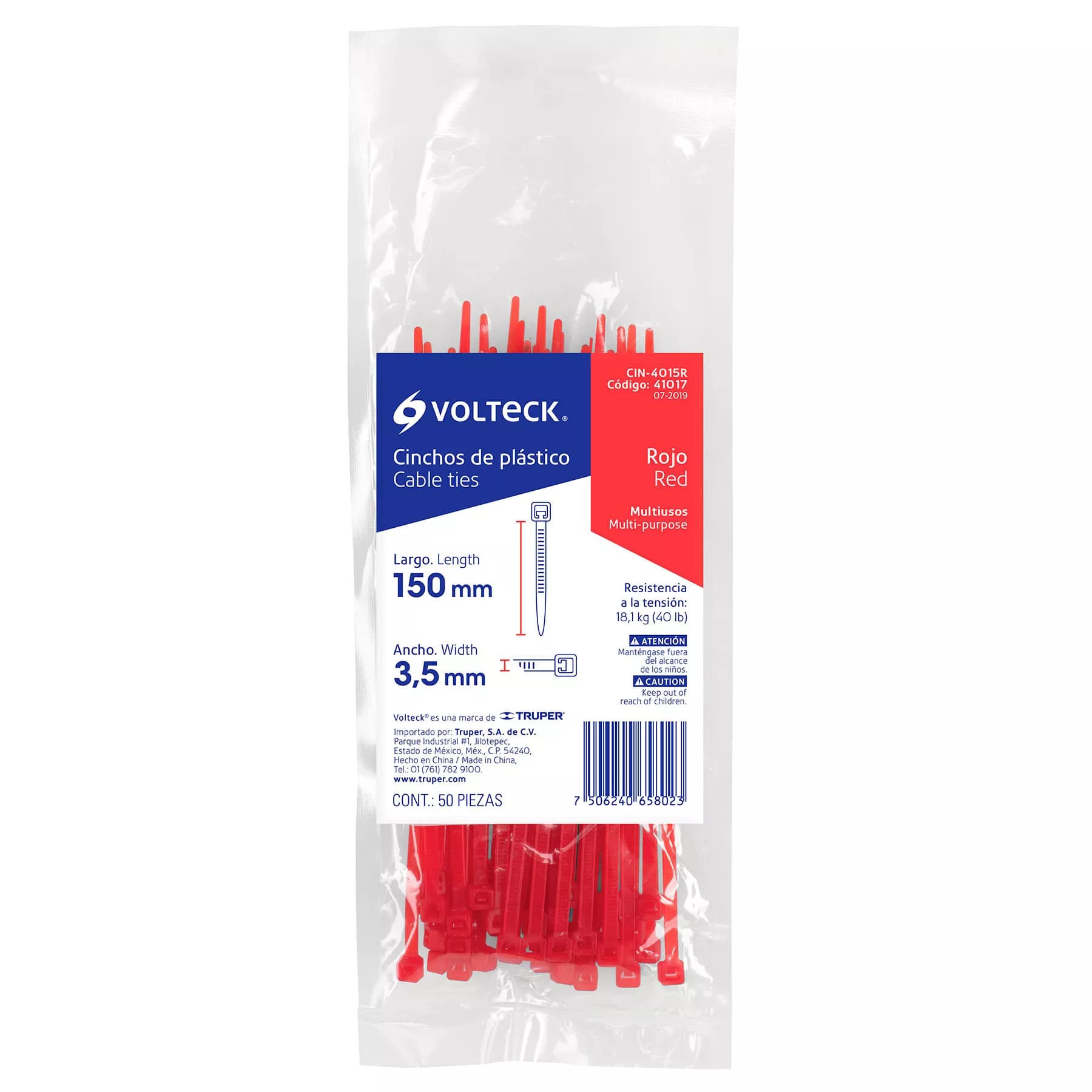 Bolsa 50 Cinchos Plásticos 40 Lb, 150 x 3.5 Mm Rojos | Volteck