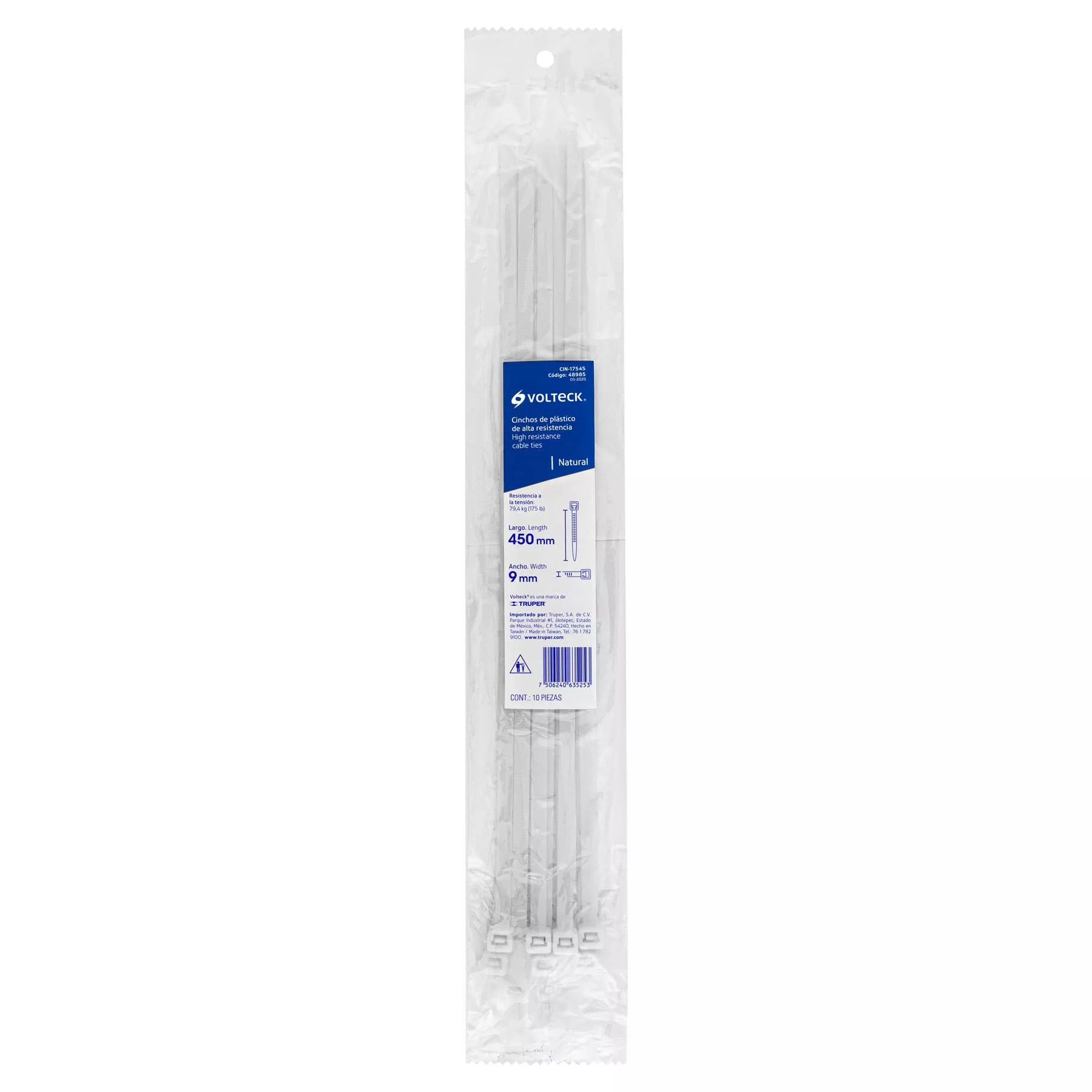 Bolsa 10 Cinchos Plásticos 175 Lb, 450X9 Mm, Naturales | Volteck