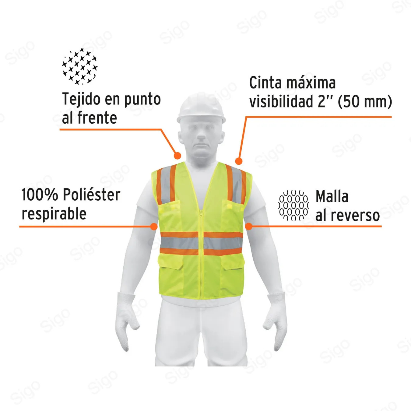 Chaleco Reflectivo Seguridad Verde Max Visibilidad 6 Bolsas | Sigo